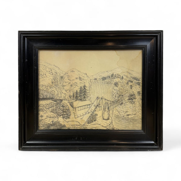 Suspension Bridge Ink Drawing in Black Wooden Frame - Litt Concept House